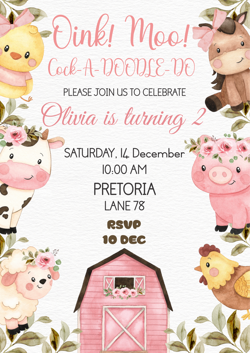Pink farm invitation – Charlie Creative Designs